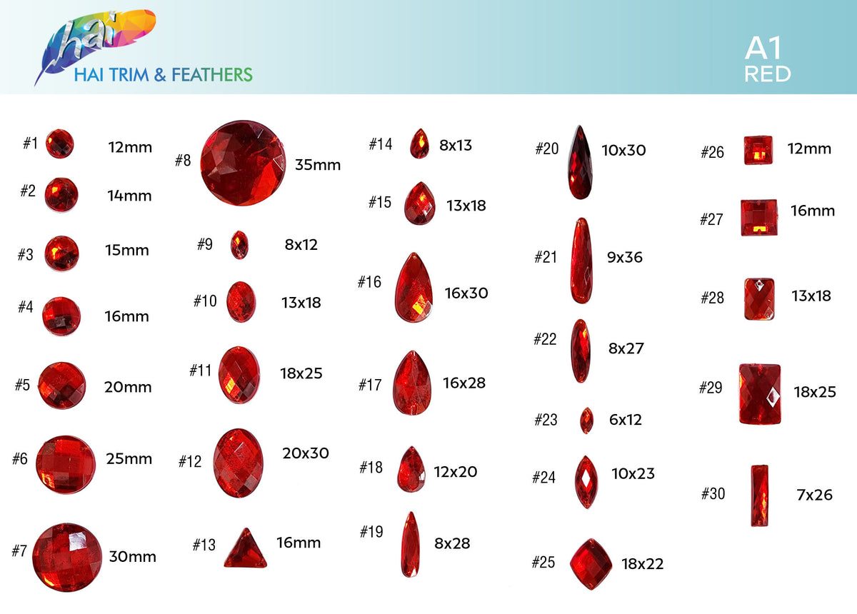 Red Acrylic Stones, A1 – Hai Trim & Feathers