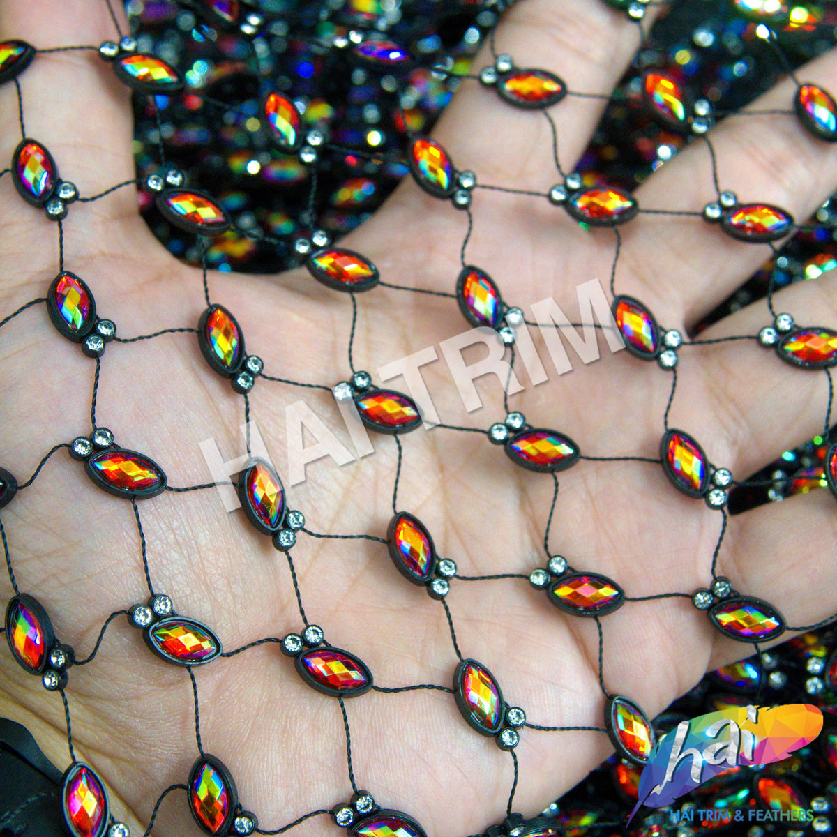 Black Fishnet Mesh Trim with Colored Acrylic Cateye Stones – Hai Trim ...