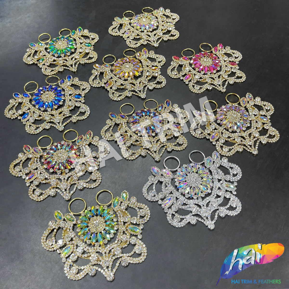 Fancy Color Motif Rhinestone Applique with Rings, YH-501 – Hai Trim ...