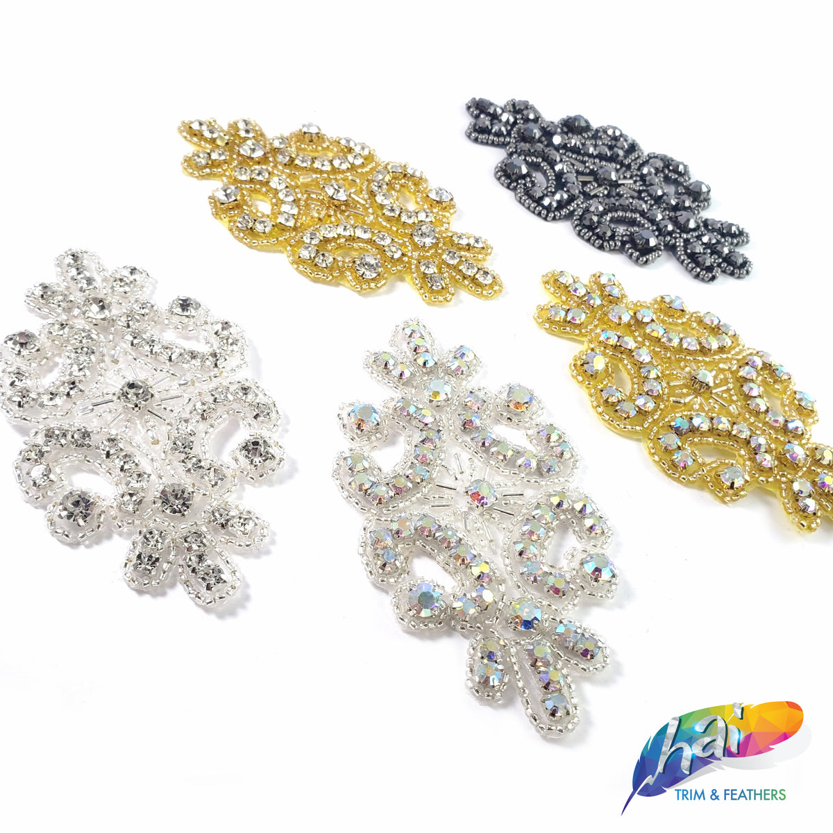 Beaded Crystal Rhinestone Motif Applique, BR-010 – Hai Trim & Feathers