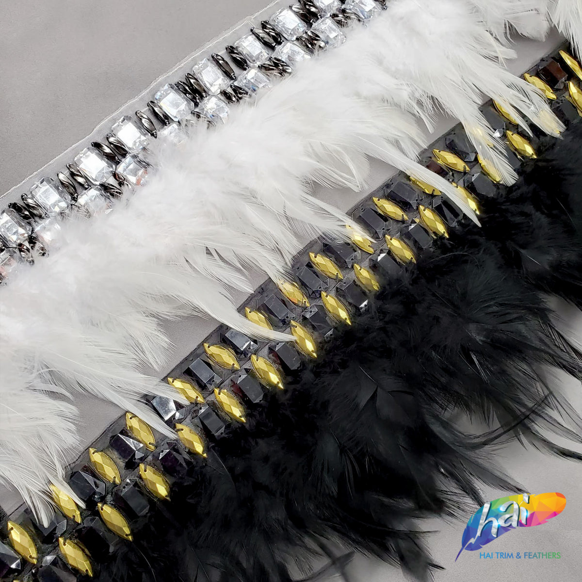 5-6” White Saddle Feather Trim with Clear Acrylic Stones and Gunmetal ...