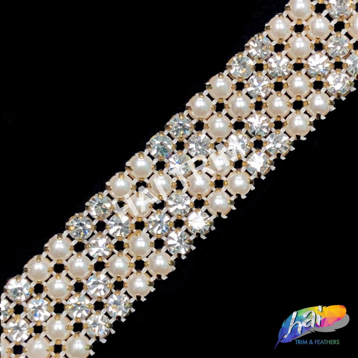 SALE! 3/4" 4-row Gold/Crystal Pearl Rhinestone Trim by the yard, PRL-2 ...
