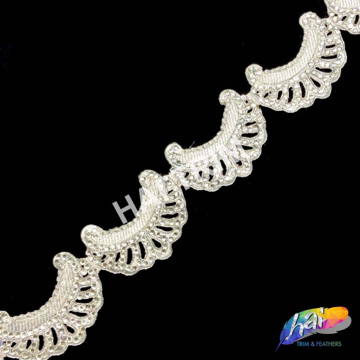 2” Crescent Moon Metallic Embroidered Trim with Crystal Rhinestones, E ...