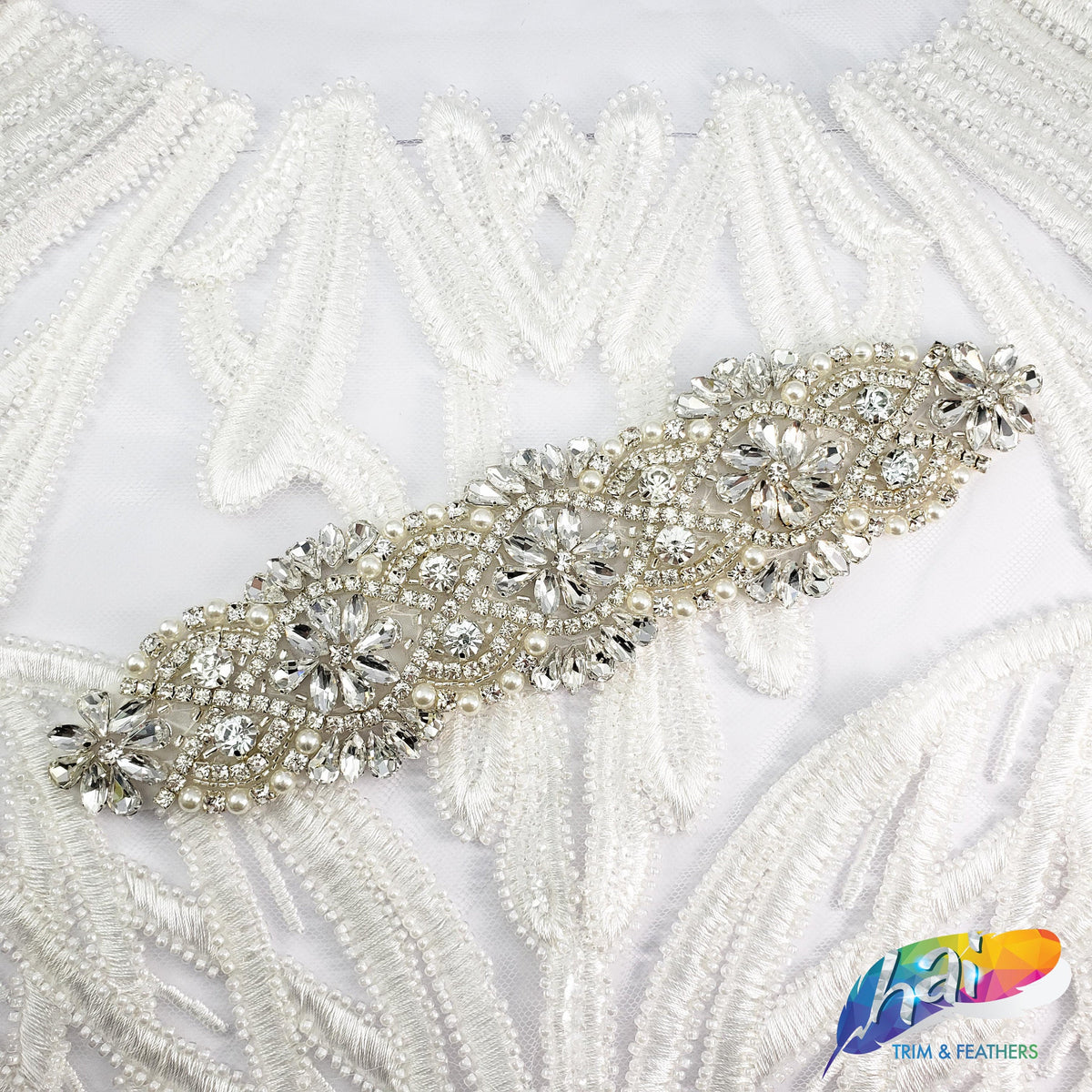 Silver Crystal Pearl Beaded Rhinestone Motif Applique, PRA-004 – Hai ...